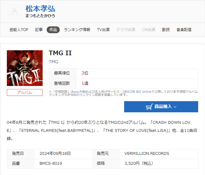 【海外】「TMG II」はオリコンの週間アルバムチャートで3位、ロックアルバムチャートで1位でデビュー | べビメタだらけの・・・